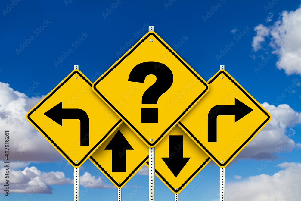 Caution yellow road signs with question mark and arrows Stock Photo ...