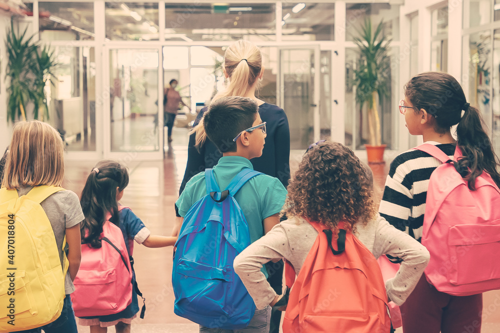 Group of children with female teacher walking in school corridor. Back ...
