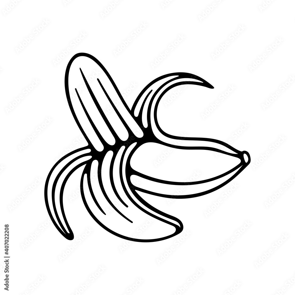 Banana. Half peeled banana outline drawing isolated on white background ...