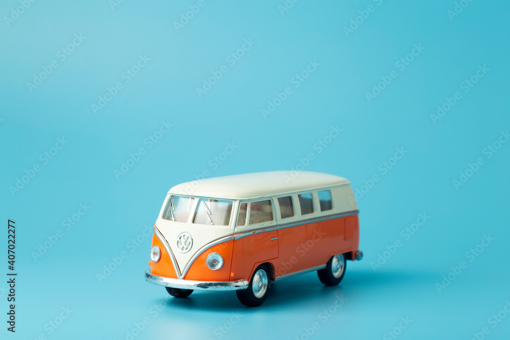 Toy retro bus on a colored background. Hippie retro bus Stock Photo ...