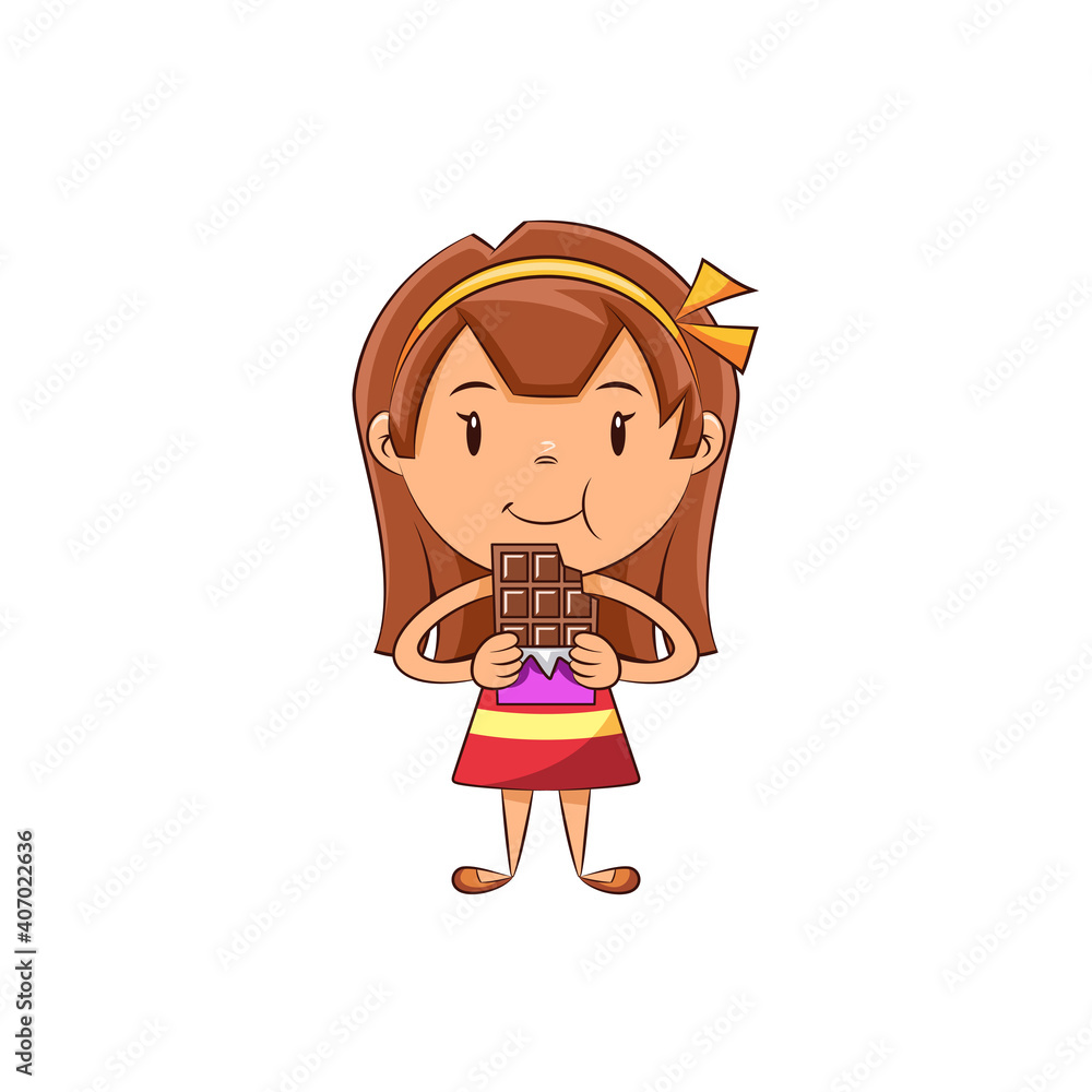 Girl eating chocolate, happy cute child Stock Vector | Adobe Stock