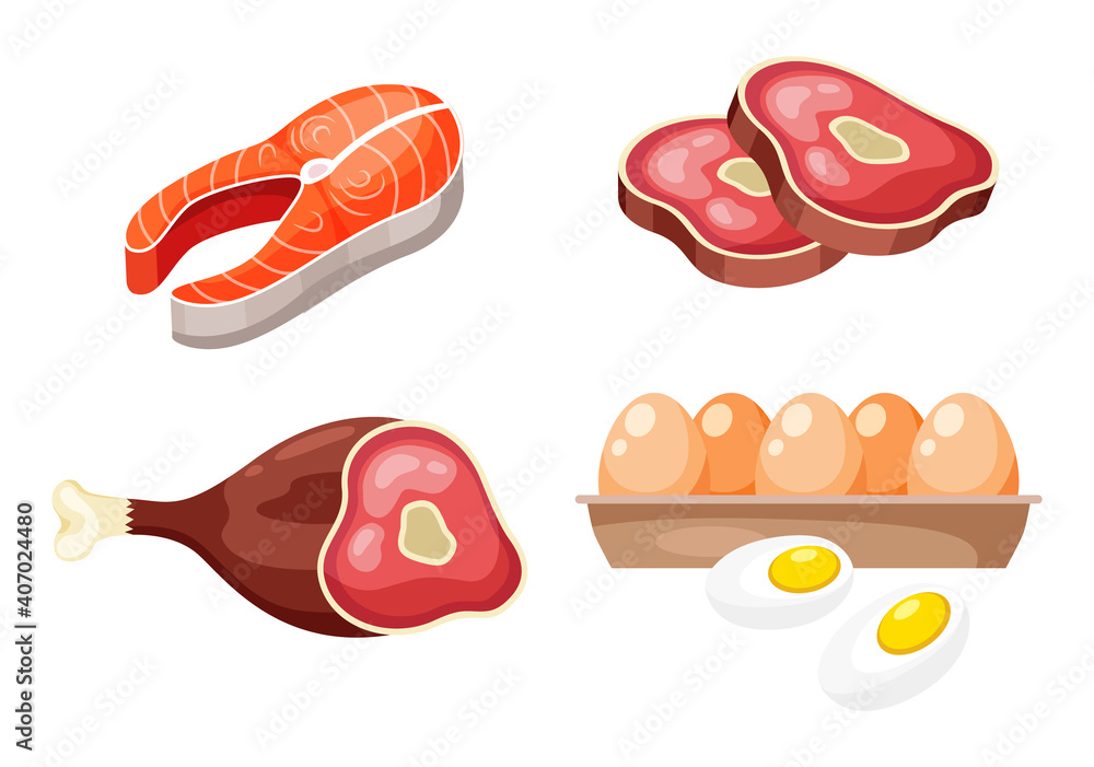 Flat icons of raw meat, fish and eggs, animal sources of protein. High ...