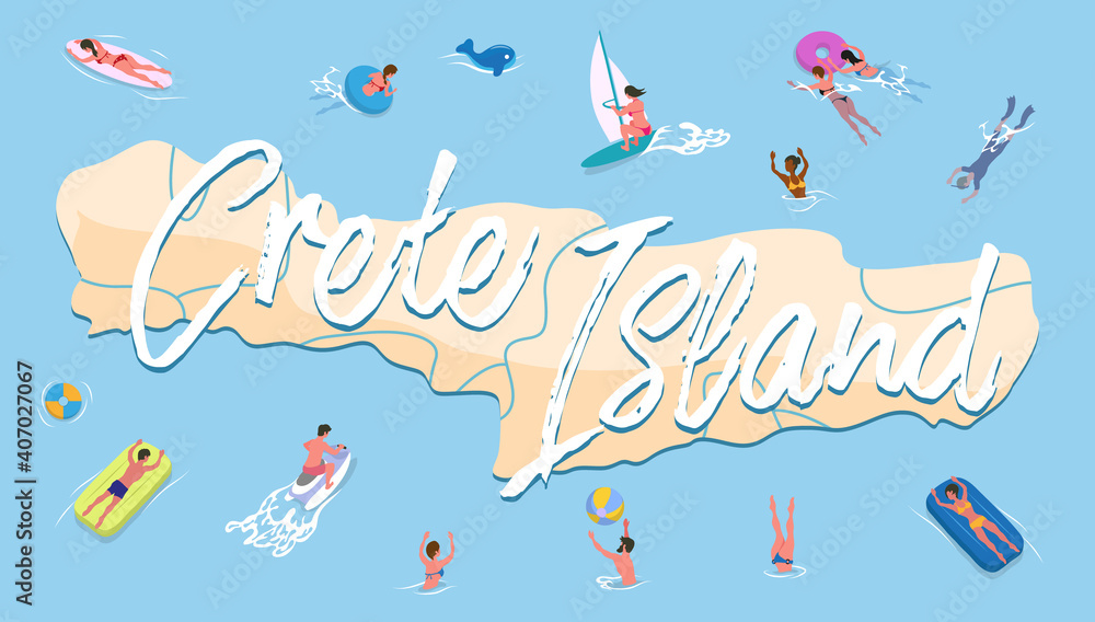 Postcard dedicated to Crete. People on vacation swim around the island ...