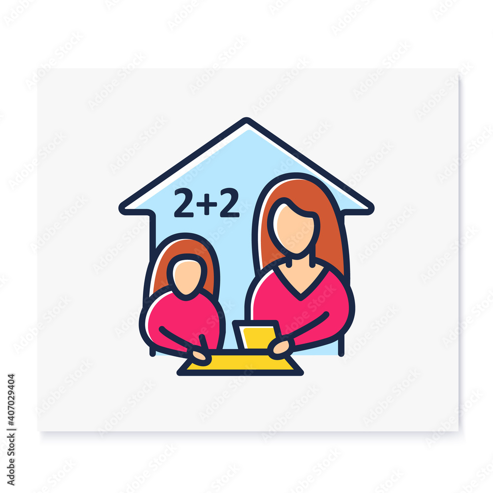 Mathematics lesson color line icon. Child teaches math with his mother ...