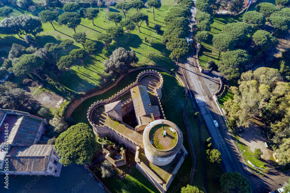 Aerial view of the village of Ostia antica the basilica of Santa Aurea ...