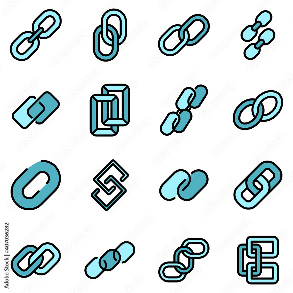 Chain link icons set. Outline set of chain link vector icons thin line ...