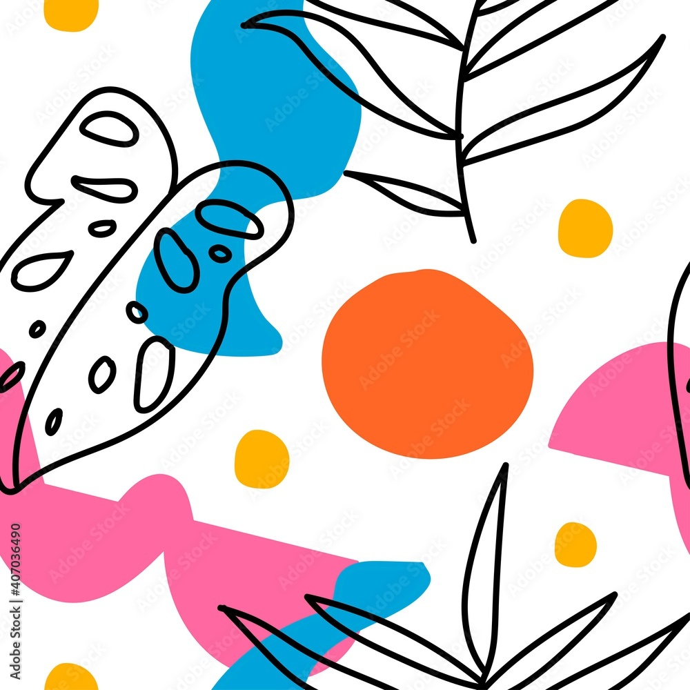 Seamless vector pattern with tropical leaves in bright shapes.Print ...