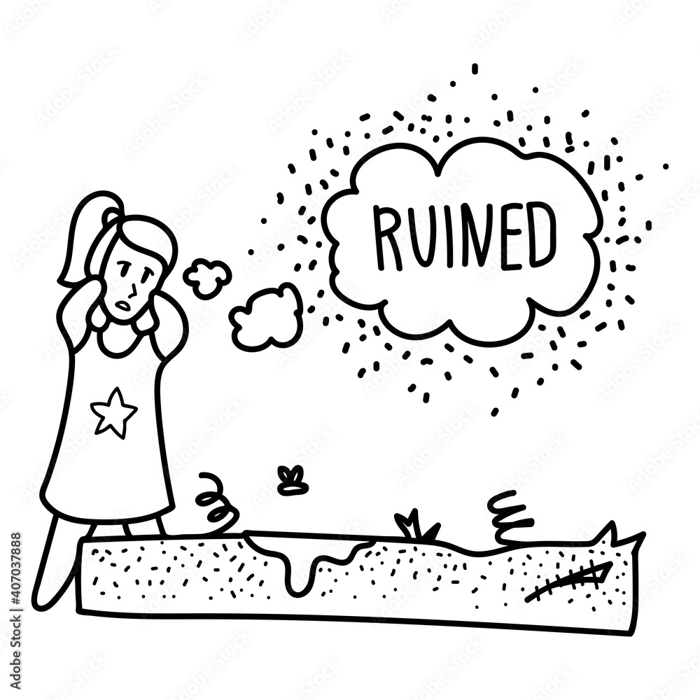 Hand drawn vector illustration of a girl with ruined mattress. Cute ...
