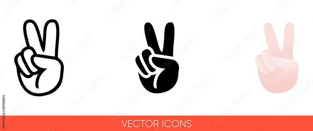 Peace sign hand with fingers icon of 3 types color, black and white ...