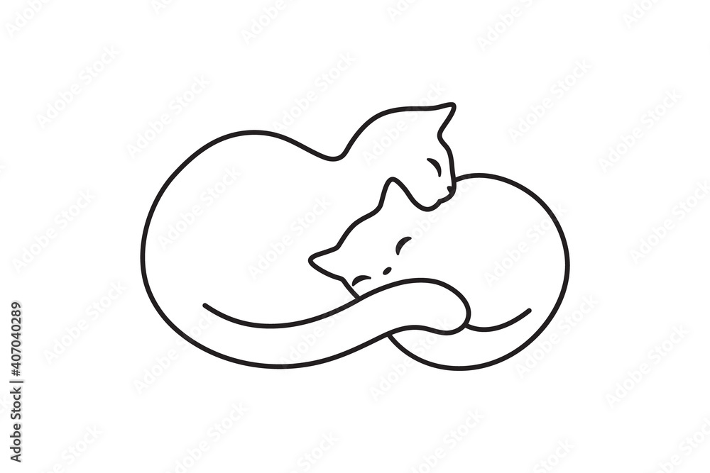 Outline of two sweet cats lying. Couple of kittens line vector ...