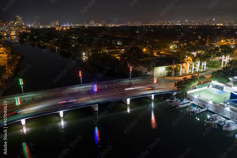 Night photo Miami Beach 41st Street Bridge neon lights over Indian ...