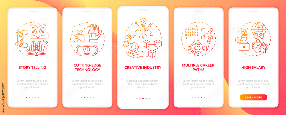 Game design industry benefits onboarding mobile app page screen with ...