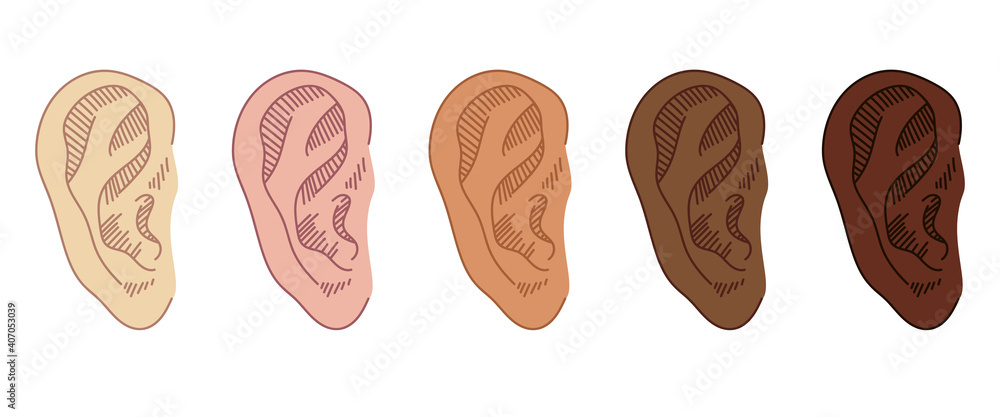 Set of Hand Drawn Ear Sketch Symbol with different skin color. Vector ...