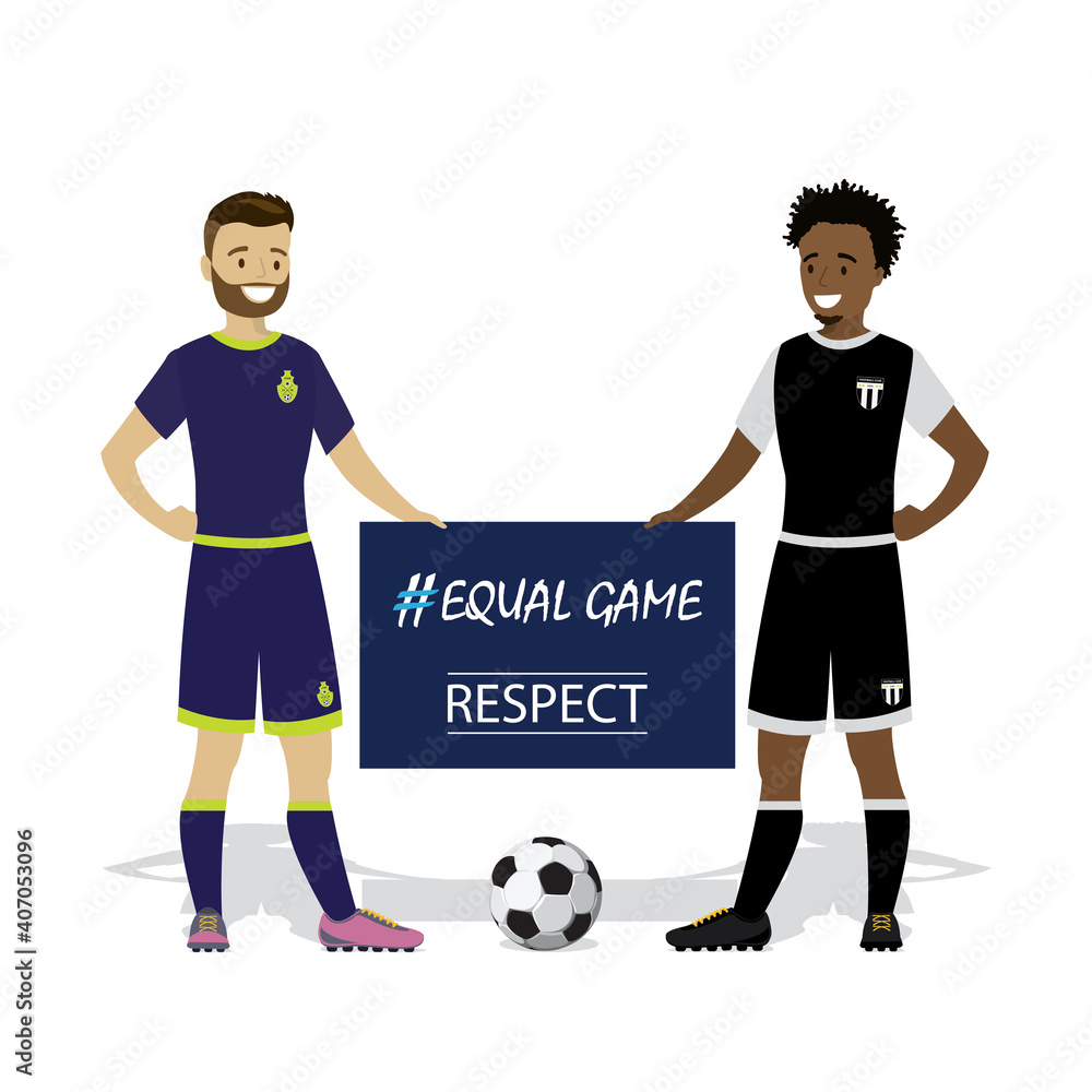 Two football players of different teams are holding poster with ...