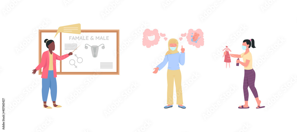 Preschool teachers during pandemic flat color vector faceless ...
