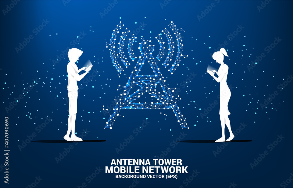 Silhouette of man and woman use mobile phone with Antenna Tower icon ...