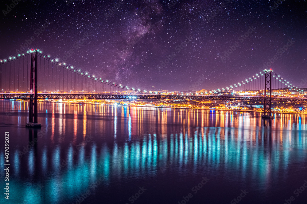 incredible night landscape. Night road bridge and starry sky. bridge ...