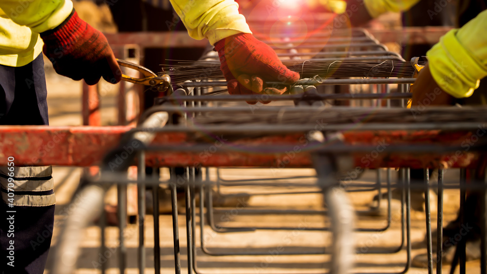 Construction worker Making Reinforcement steel rod and deformed bar ...