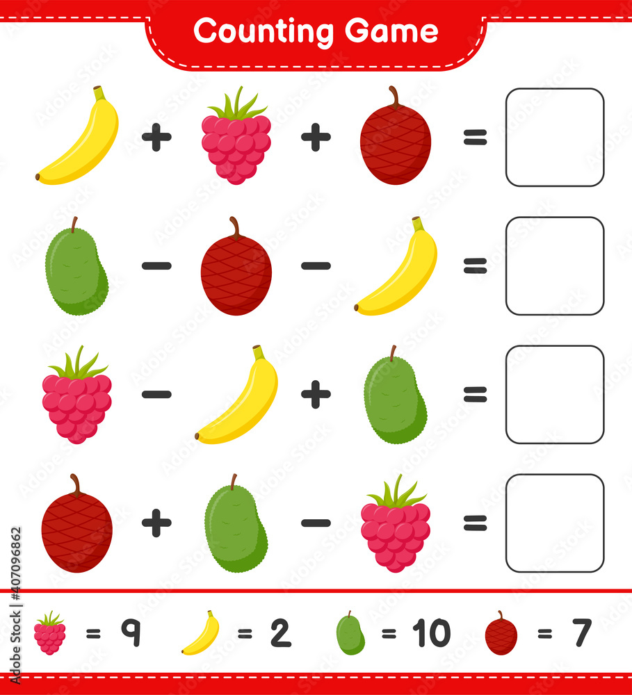 Counting game, count the number of Fruits and write the result ...
