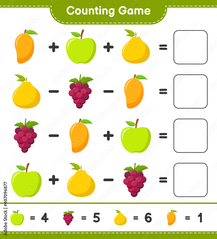 Counting game, count the number of Fruits and write the result ...