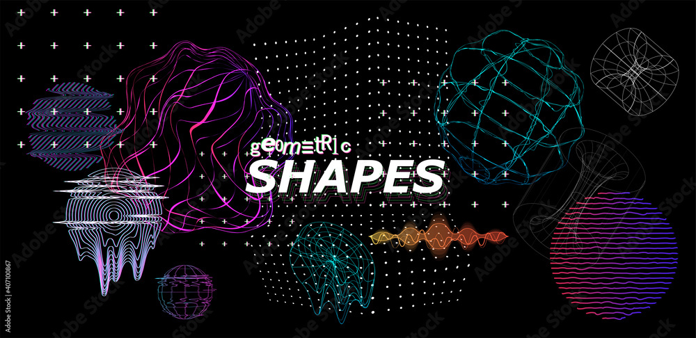 Modern trendy shapes with glitch effect. 3D Universal elements in ...