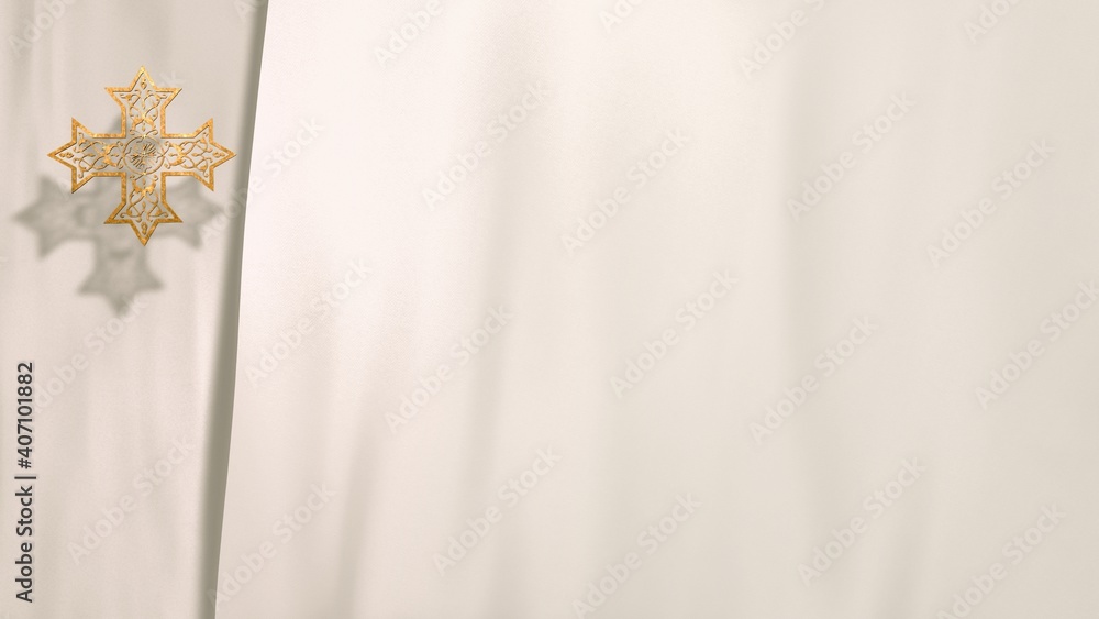 Liturgic white velvet, golden Christian Coptic Orthodox Cross. 3D ...