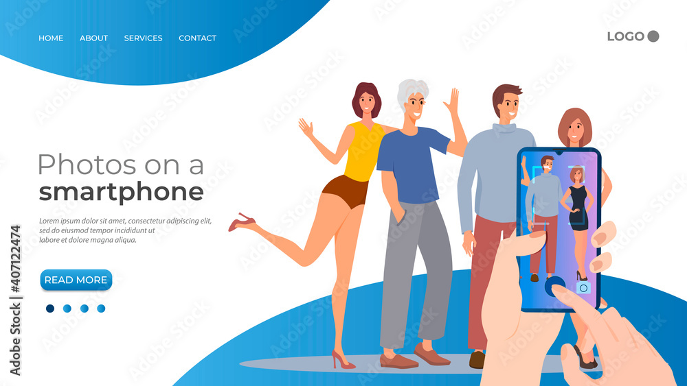 Young people pose for photos and take pictures on a smartphone ...