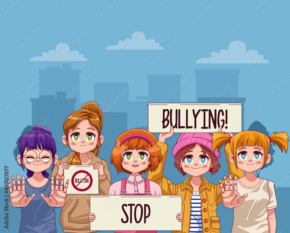 young teenagers girls with stop bullying letterings in protest banners ...