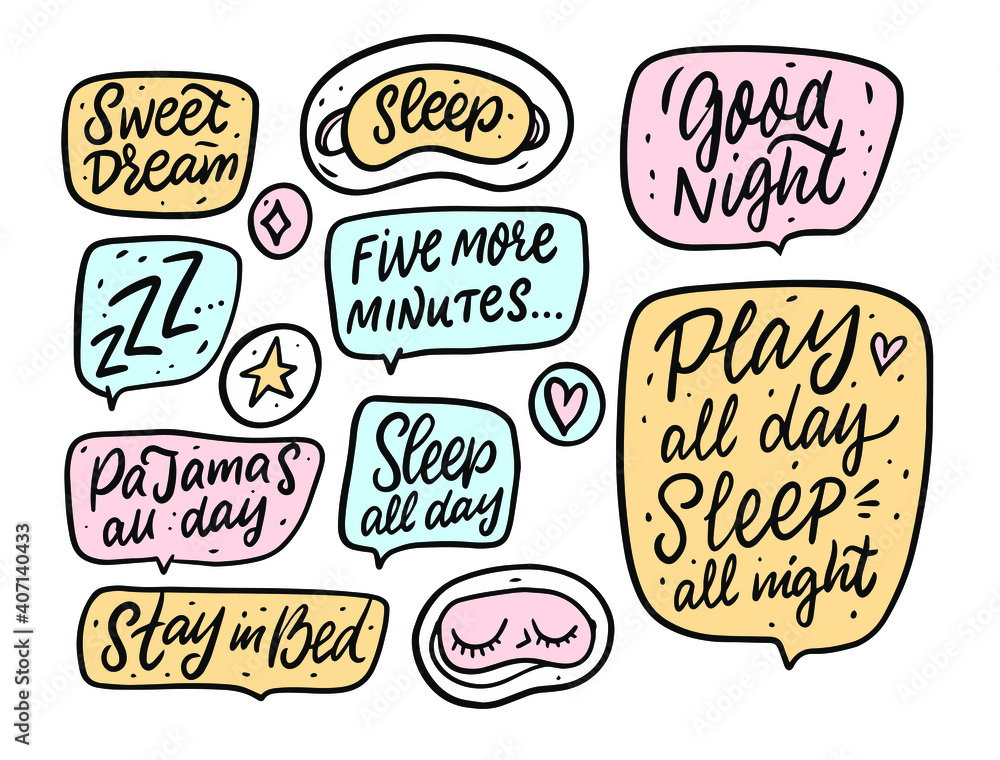 Dream and Sleep doodle phrases set. Speech bubbles frame text and signs ...