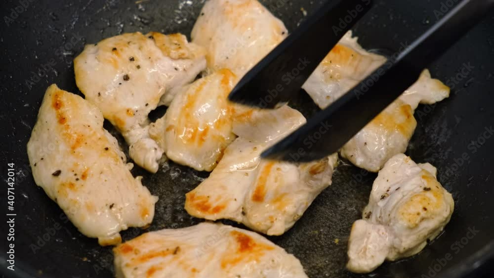 Pieces of Chicken Meat Fried in Frying Pan. Cooking Chicken in Oil ...