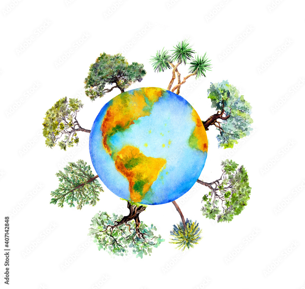Watercolor planet Earth with green trees. Hand painted drawing of globe ...