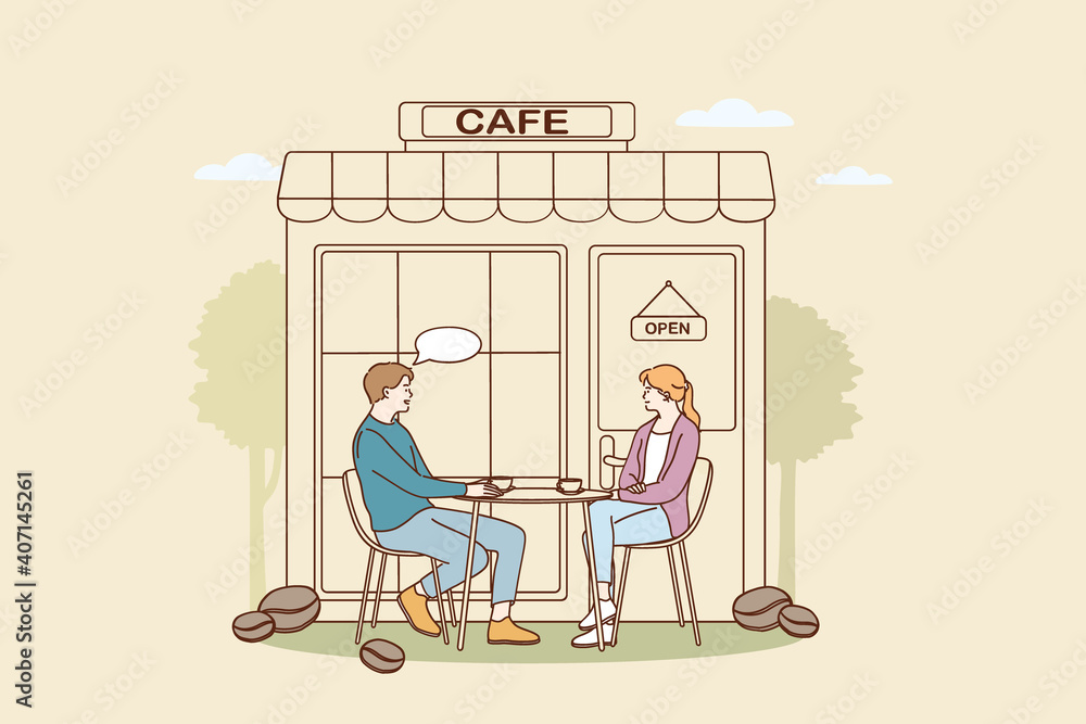Coffee shop and cafeteria concept. Young smiling couple cartoon ...