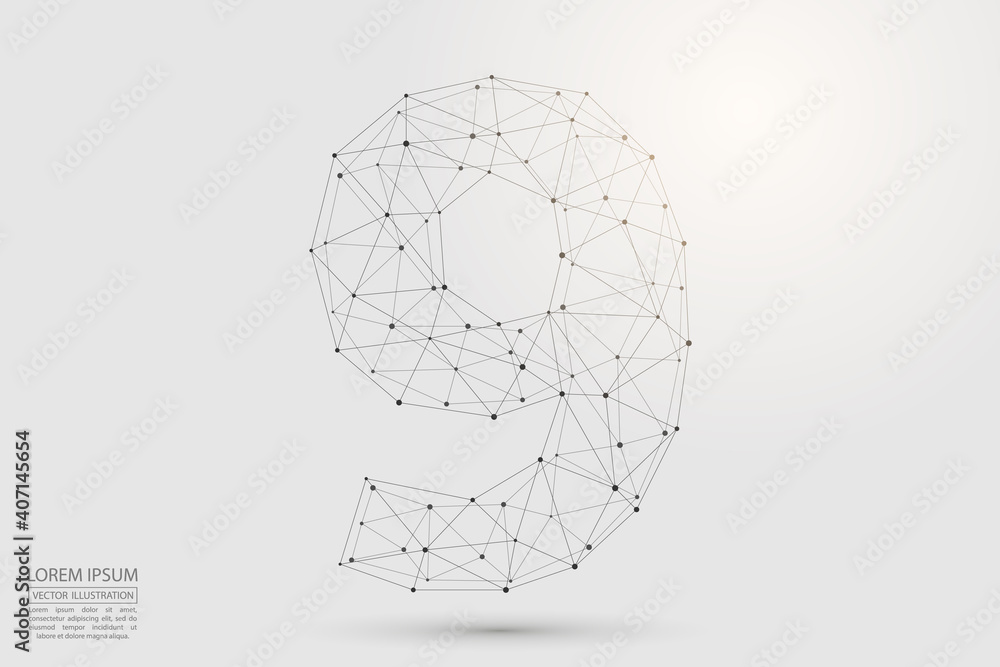 Abstract number nine, figure 9, consisting of triangles, circles, spots ...