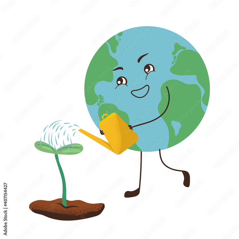 Happy cartoon Earth planet character plants tree. Cute vector ...