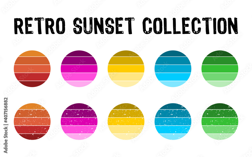 Retro sunset collection in 80s 90s style. Regular and distressed ...
