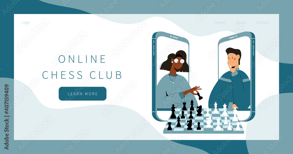 Online chess club landing page. Two people plays chess online. Man and ...