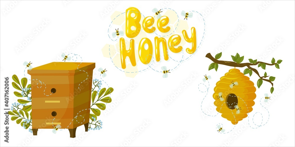 A set of hives with honey and bees around. natural bee honey drawn in ...