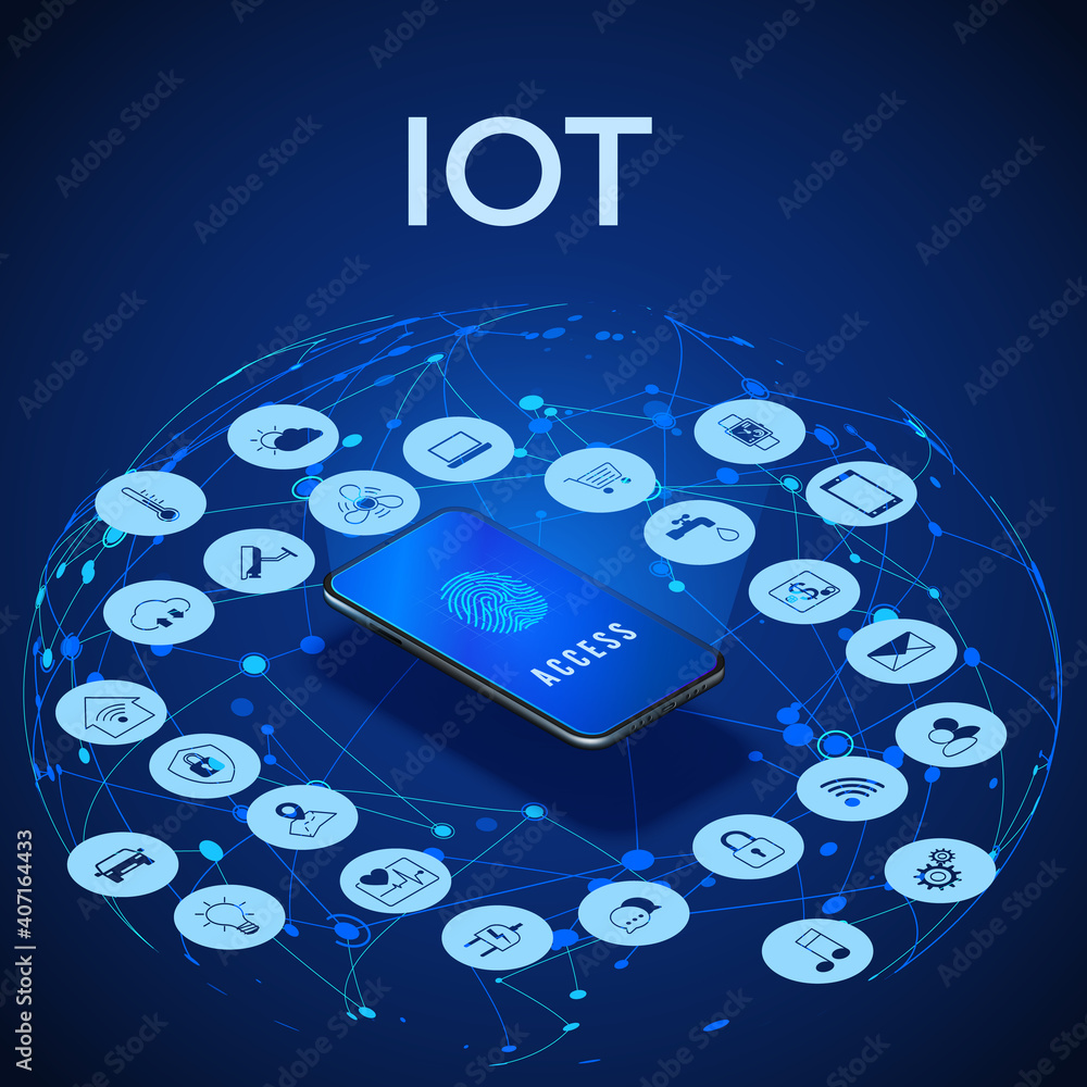 IOT isometric concept. Digital global ecosystem. Monitoring and control ...