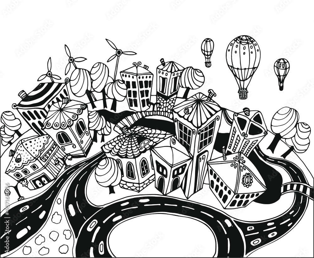 Unusual perspective of the city, drawn sketch, vector illustration ...