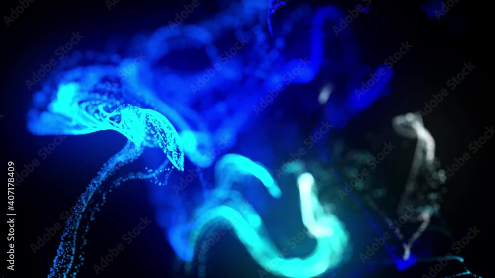 injection of fluorescent blue ink in water in 4k. 3d render of glow ...