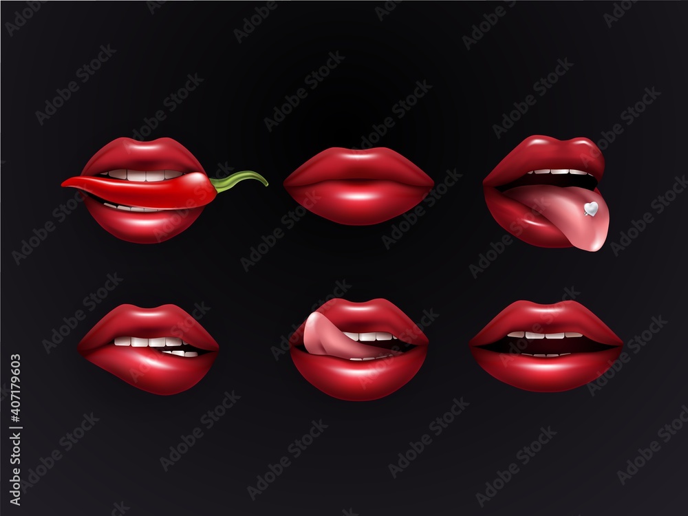 Realistic 3d Detailed Concept of Women's Sexy Red Lips. Set of lips ...