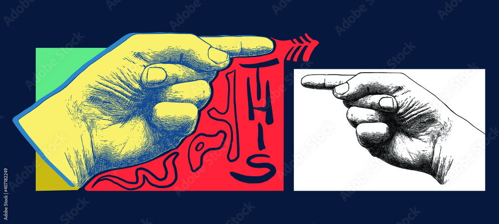 This way pointing finger. Vector colorful design and vintage engraved ...