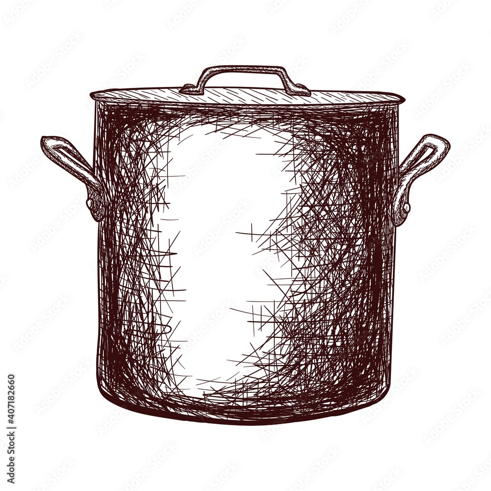 Sketch of a saucepan with a lid contour drawing isolated on white ...
