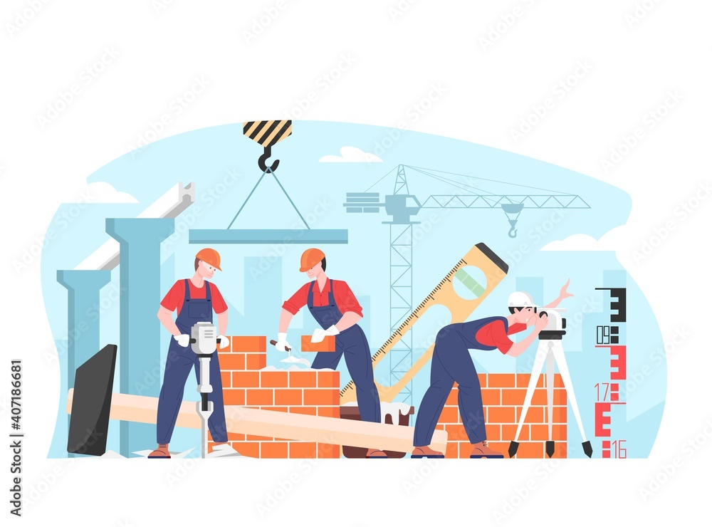 Builders male team in uniform, hard hats, vector cartoon characters ...