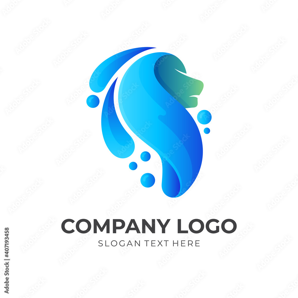 lion water logo, lion and water, combination logo with 3d blue color ...