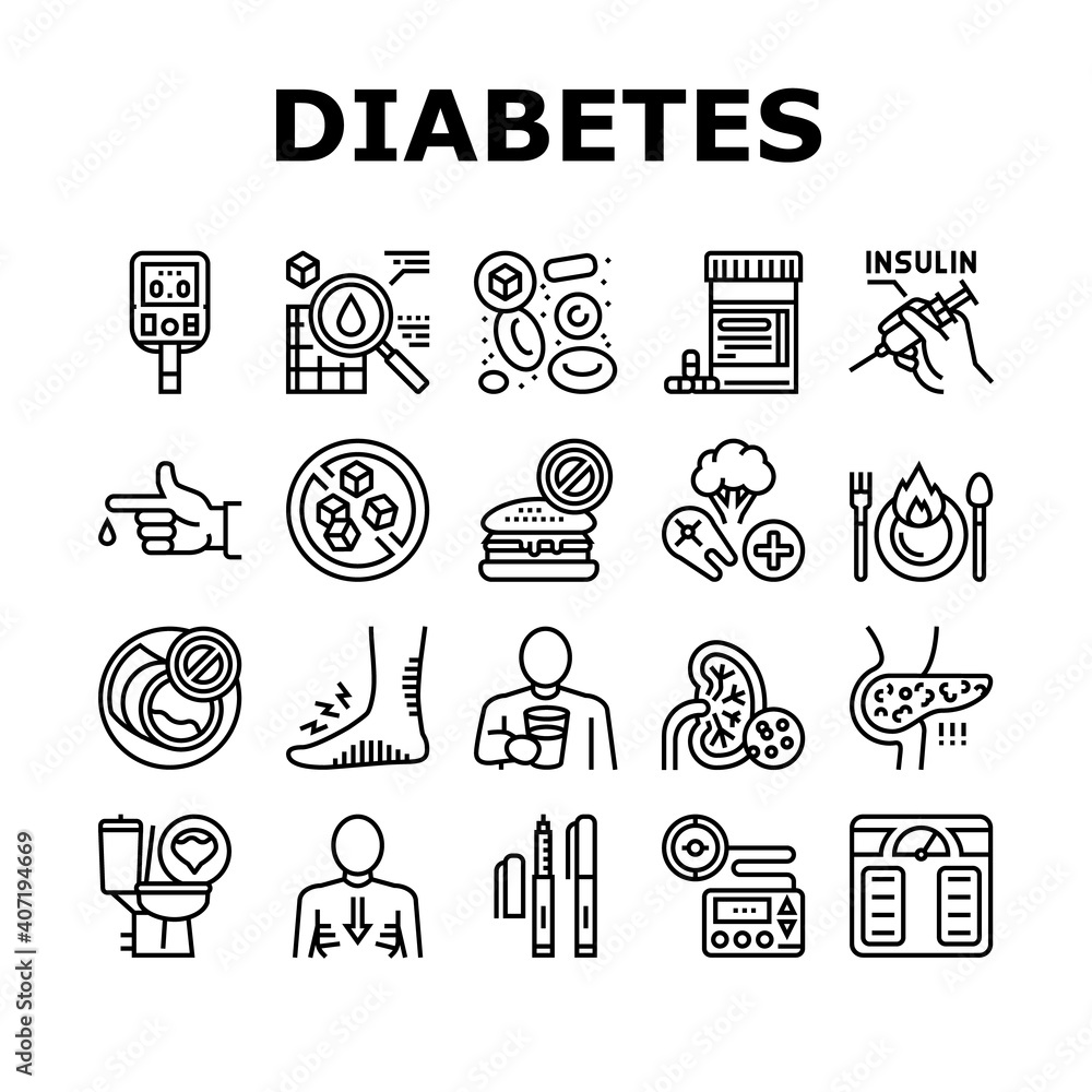 Diabetes Treatment Collection Icons Set Vector. Blood Sugar Measurement ...