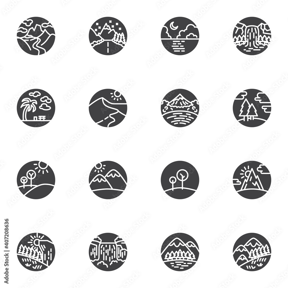 Nature landscape vector icons set, modern solid symbol collection ...