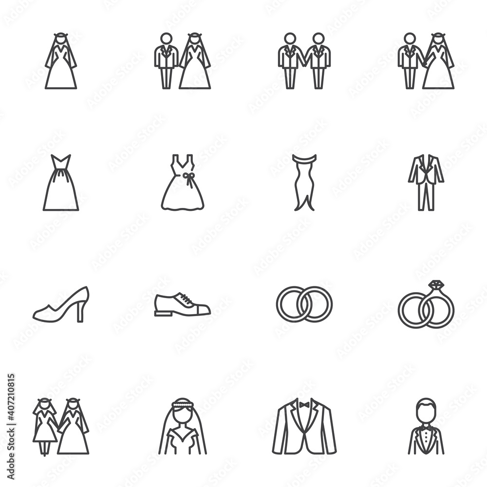 Wedding and marriage line icons set, outline vector symbol collection ...