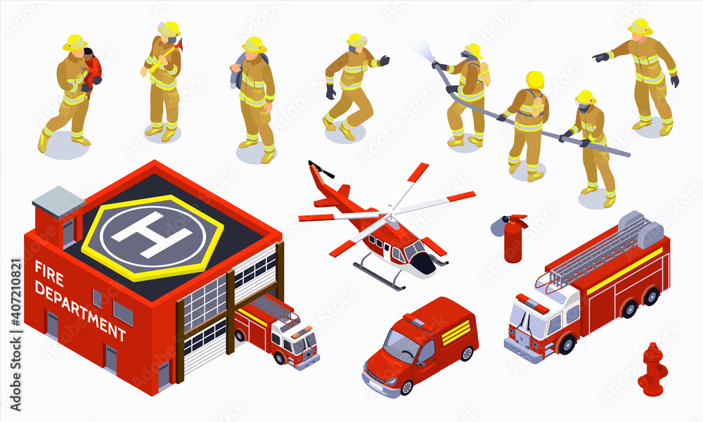 Firefighter Isometric Color Set Stock 벡터 | Adobe Stock