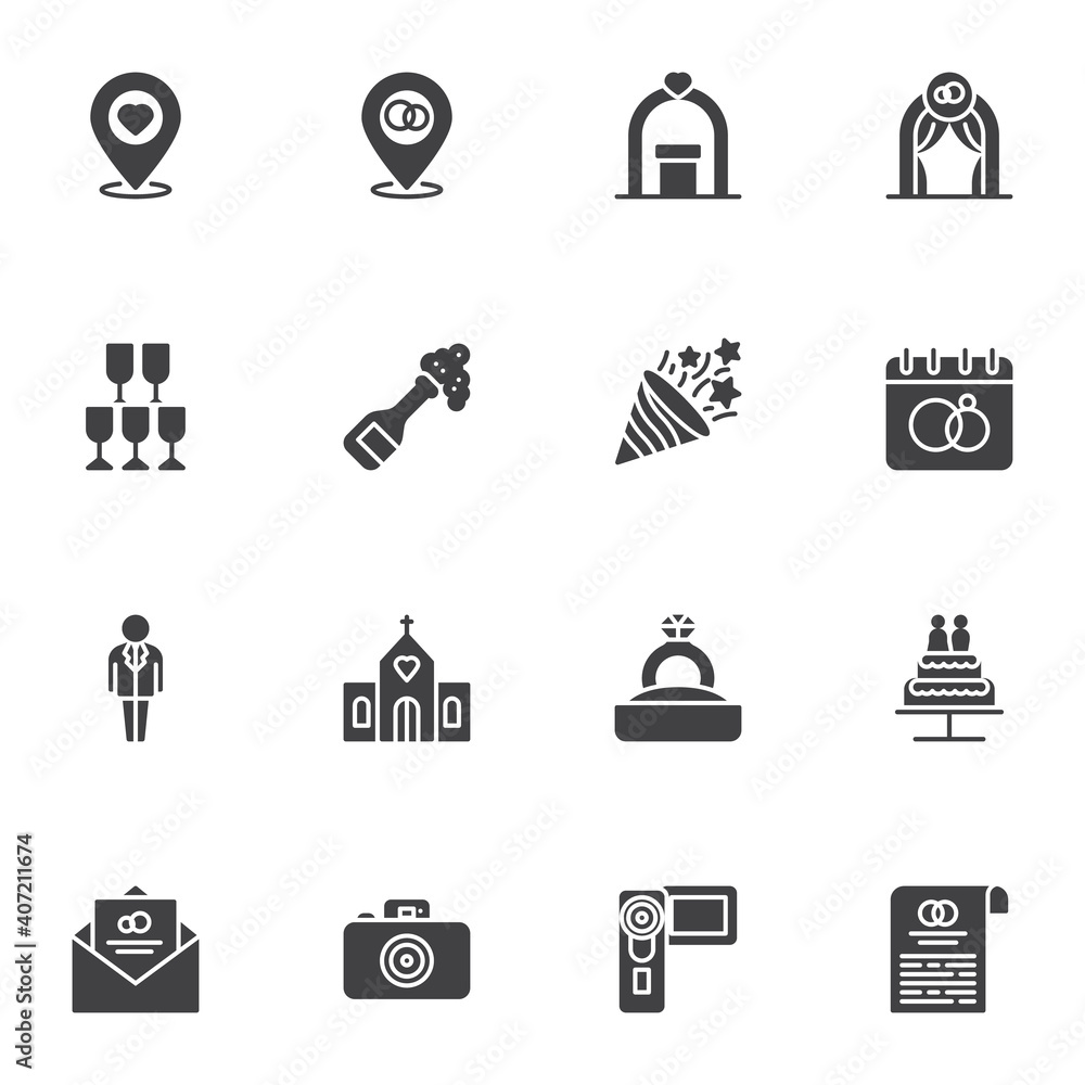 Wedding related vector icons set, modern solid symbol collection ...